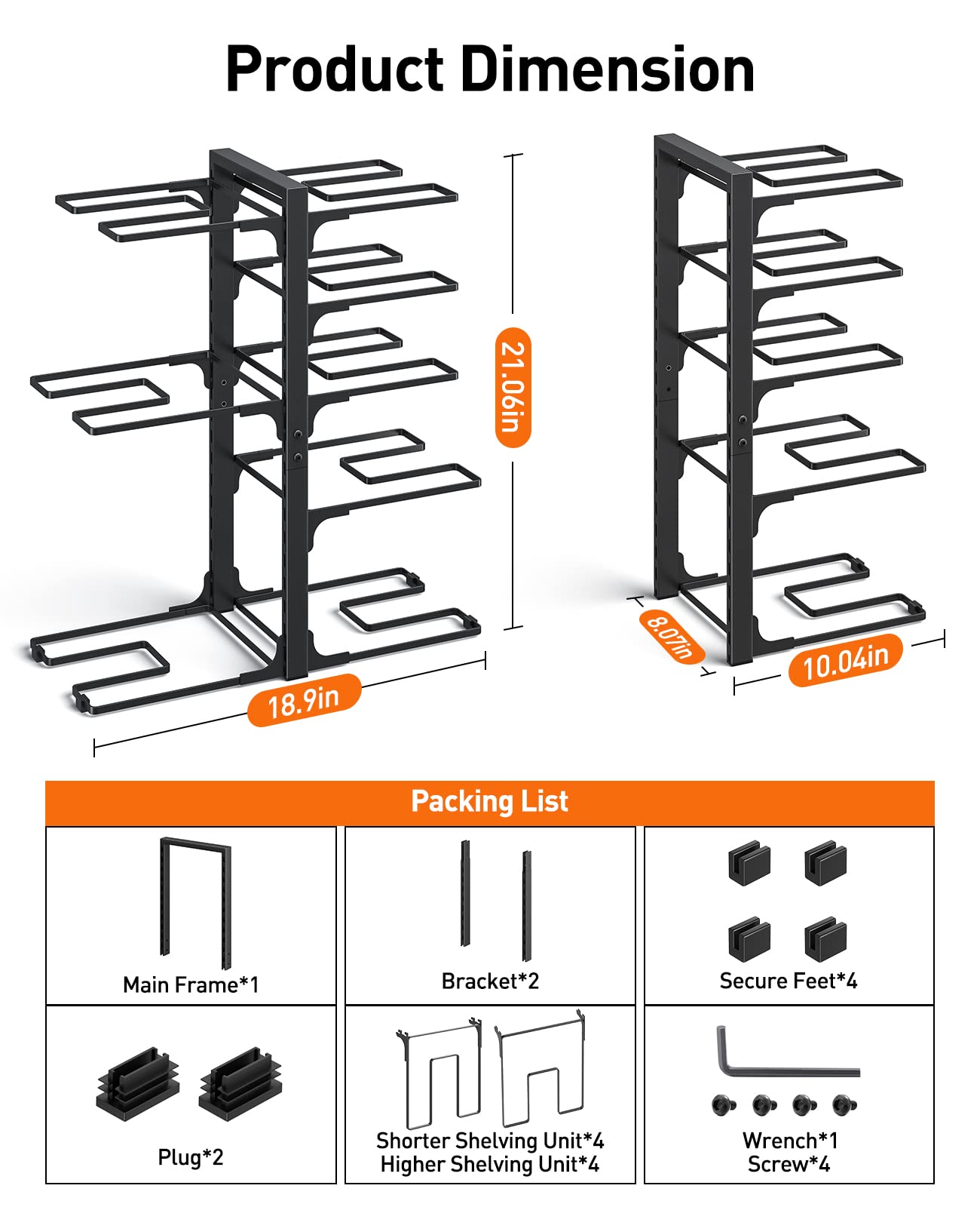 ORDORA Pots and Pans Organizer: under Cabinet, 21" Height Heavy Duty 120LBS Pots Pans Organizer Rack for under Cabinet 8-Tier Adjustable for Big Stockpots, Dutch Ovens, Cast-iron Pans, Heavy Cookware