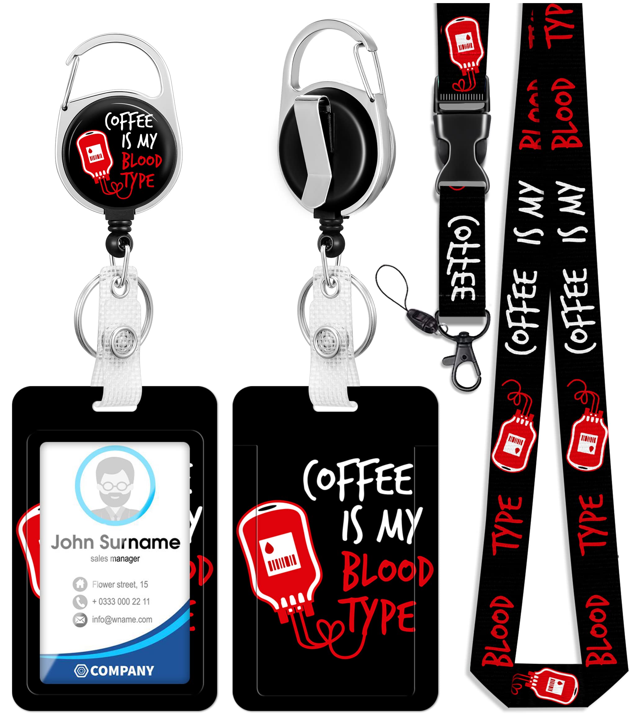 Plifal ID Badge Holder with Lanyard and Retractable Nurse Badge Reel Belt Clip, Phlebotomy Phlebotomist Nursing Medical Keychain Lanyards Clip for Women Men(Coffee is My Blood Type)