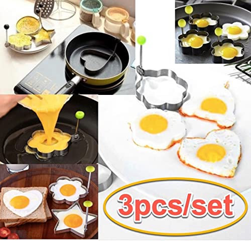 Unique Fried Egg Shaper, Omelette, Pancake, Scrambled Eggs DIY Mold Rings, Specialty Cooking Tool with Handle, Mold Non Stick Stainless Steel for Griddle Pan, Heart, Flower Shape Mickey-like 3Pcs/set