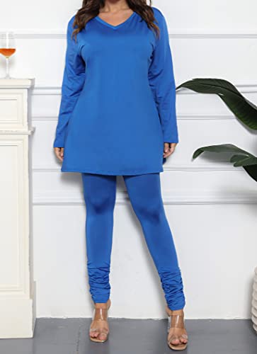 Vssjavun Women’s Running Sweatsuits Gym Set Two Piece Long Sleeve Top Ruched Pants Exercise Set Sets Blue XXL