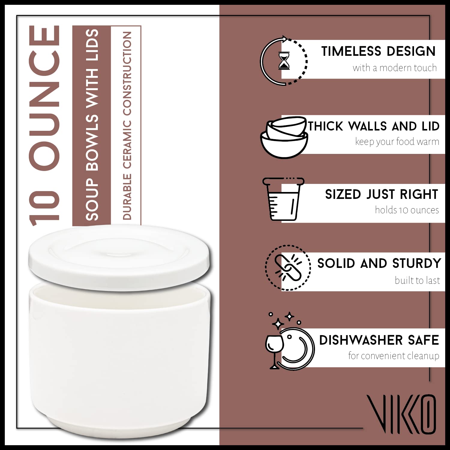 Vikko Soup Crocks With Lids, 10 Ounce Modern White Soup Bowl with Cover, Set of 4 Soup Dishes, Dishwash Safe