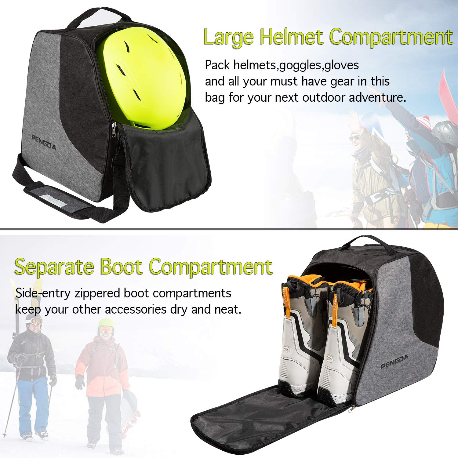 PENGDA Ski Boot Bag - Boot Bag Kids Waterproof Ski Boot Snowboard Boot Bag Travel Ski Boot and Helmet Bag for Goggles, Gloves, Ski Apparel & Boot Storage (Dry& Wet Separate Compartments) (Black Grey)
