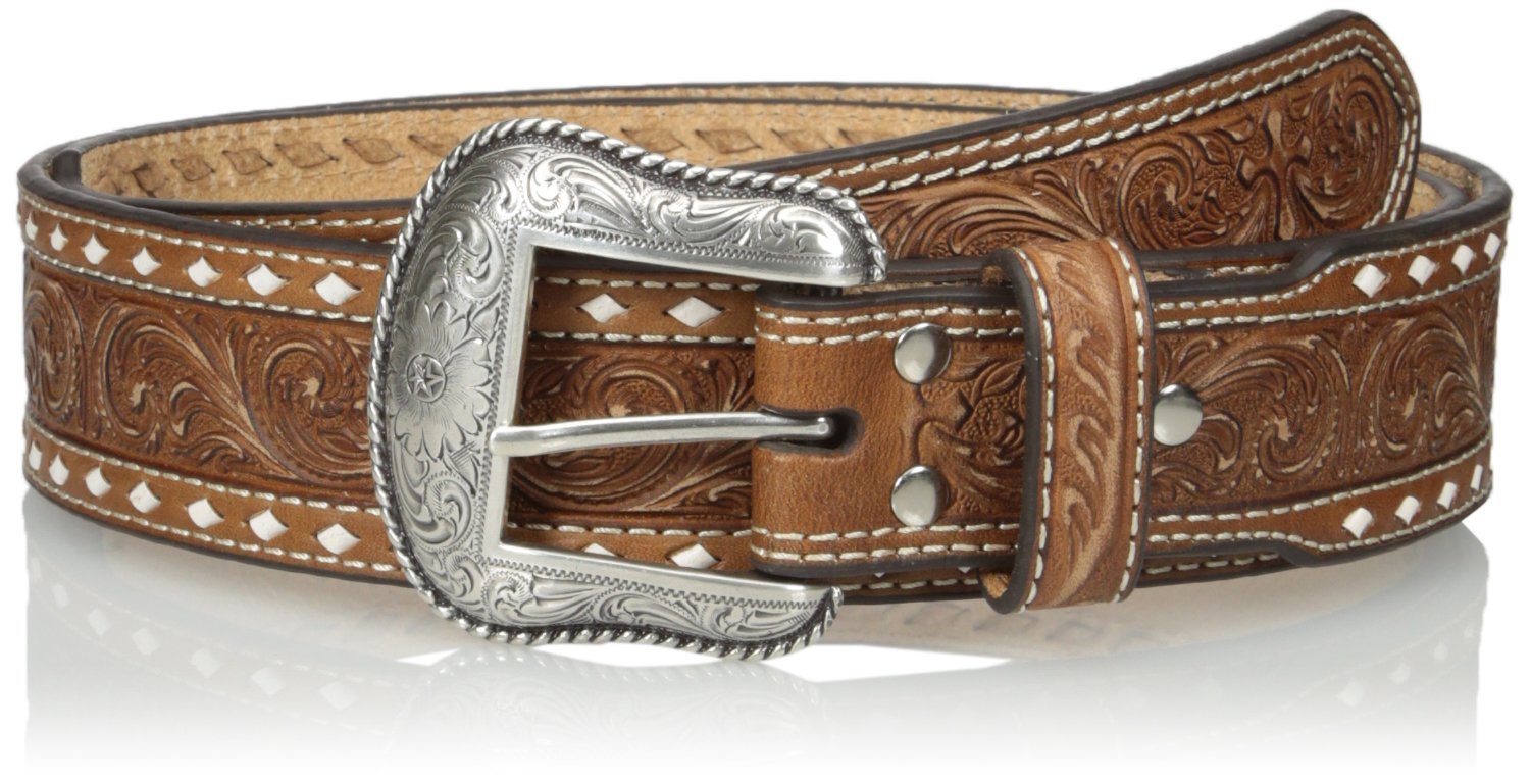 Nocona Belt Co. Men's Natural Wide Cross Buckstitch, Medium Brown, 32