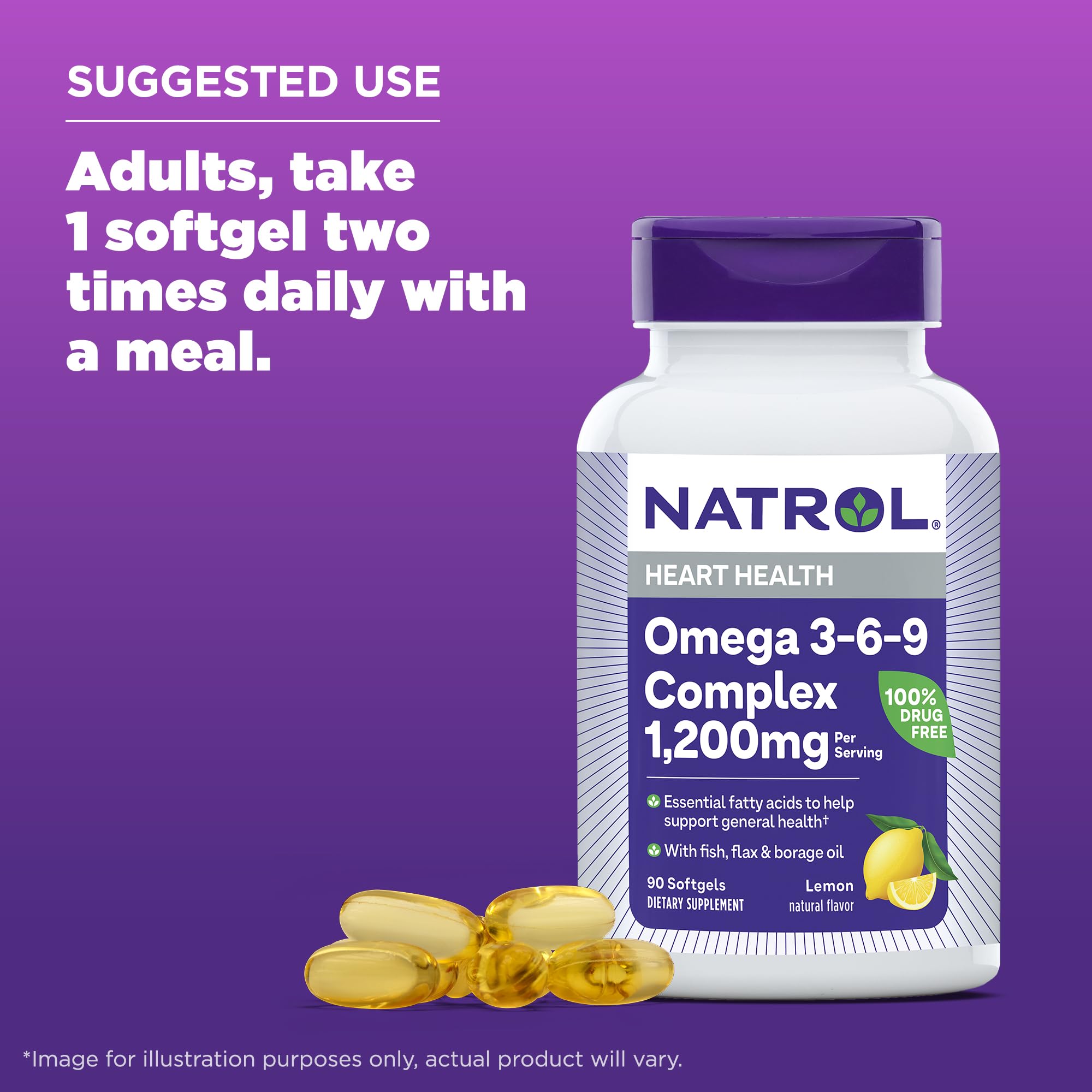 Natrol, Omega 3-6-9 Complex Softgels, Heart Health Dietary Supplement, 1200 mg, 90 Count