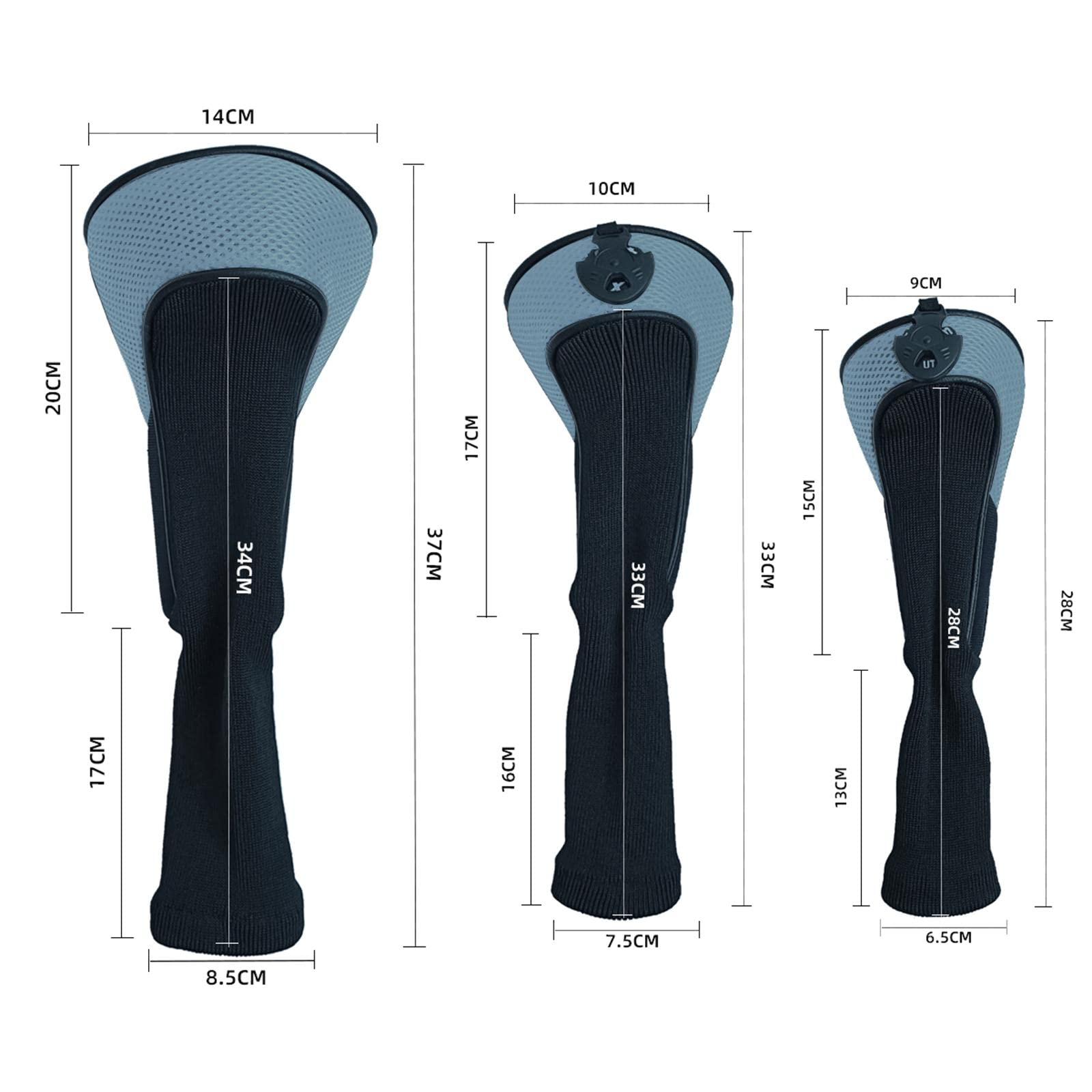 Yiju 3Pcs Durable Golf Wood Head Cover Driver Covers with Number Tag Long Neck Club Headcover Protector Guard Equipment Golfer Gift, Gray