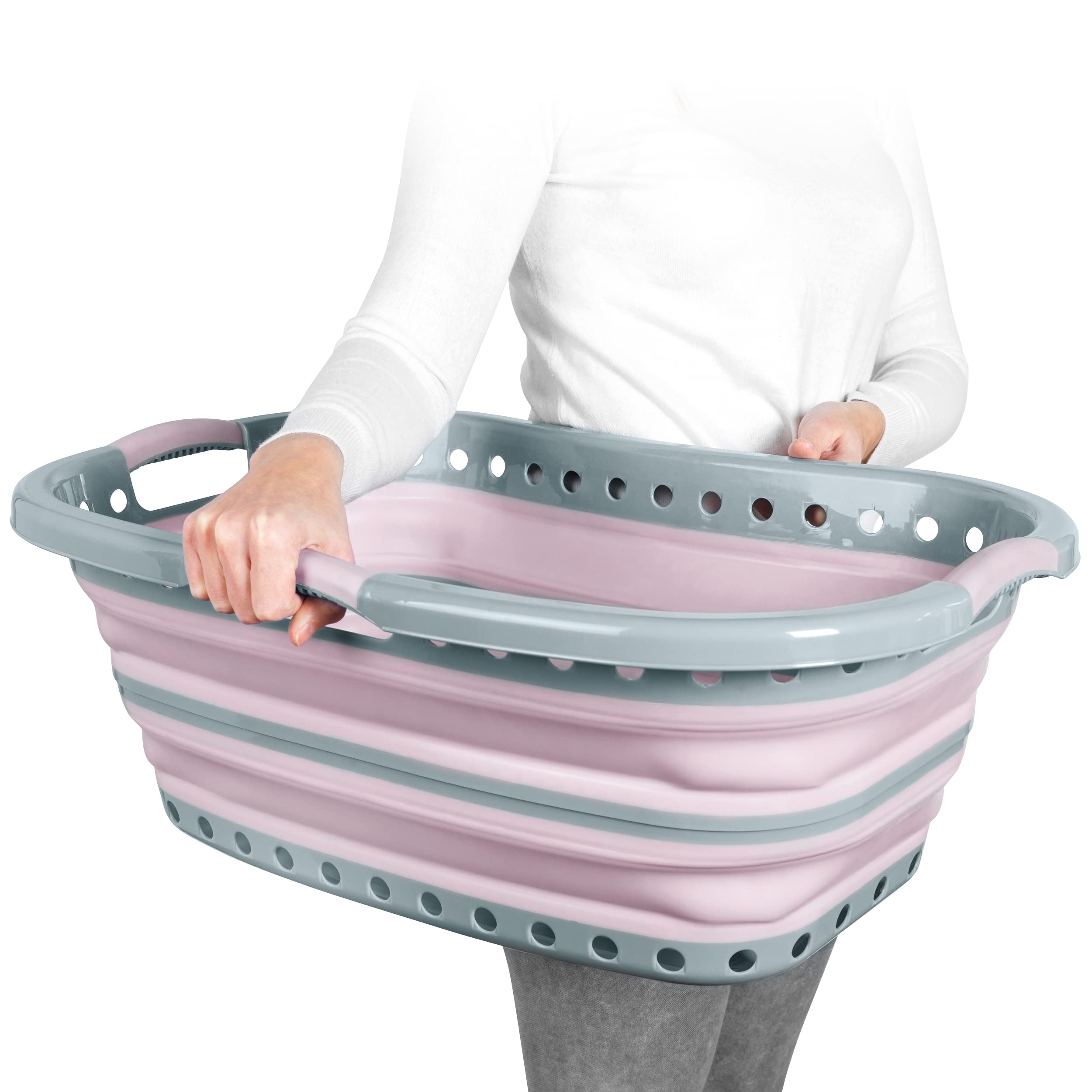 Russell Hobbs LA083555PNKEU7 Collapsible Hip Hugger 37 Litre Laundry Basket, Curved Shape, Non-Slip Handles, Portable & Lightweight, Compact For Easy Storage, Pink
