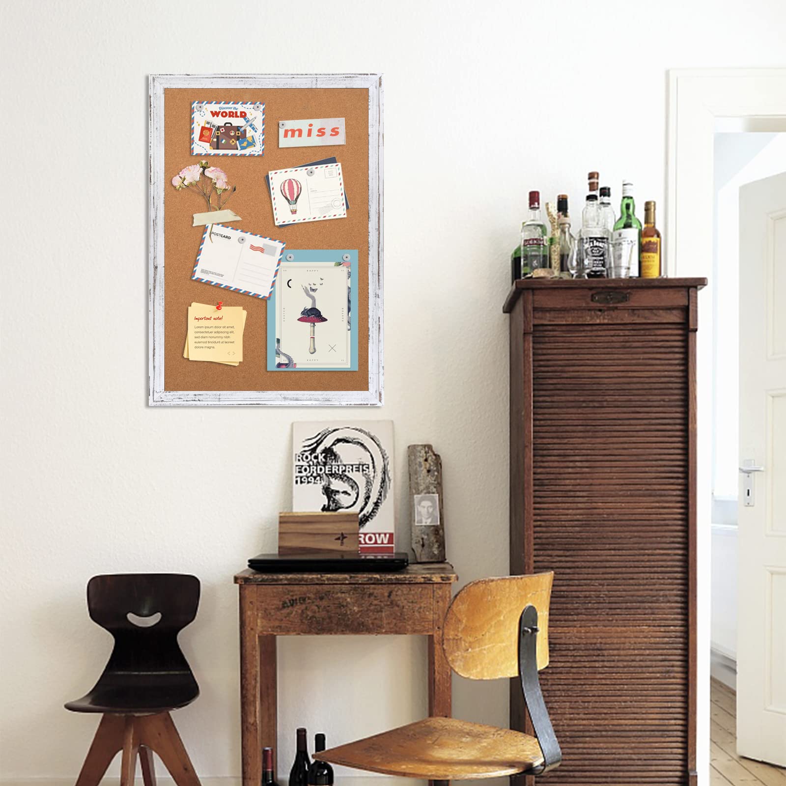 QUEENLINK Cork Board, White Framed Bulletin Board for Wall, 36” x 24” Wall Mounted Vision Board Decorative Poster Board with 10 Push Pins for Home & Office
