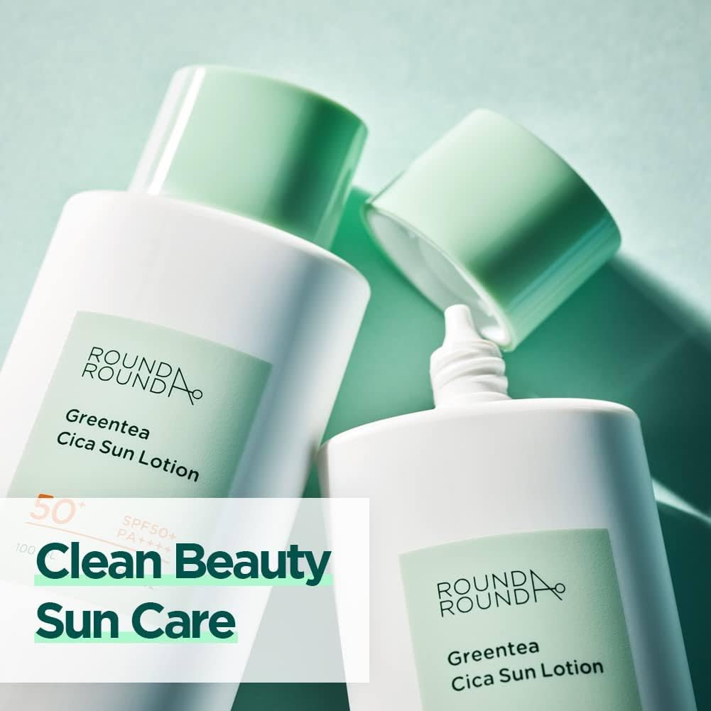 ROUND A'ROUND Green Tea Cica Sun Lotion SPF 50 (3.38 oz, 100ml) | Reef Safe, Daily, UV Protection, No White Cast, Moisturizing, Soothing, Weightless Sunscreen