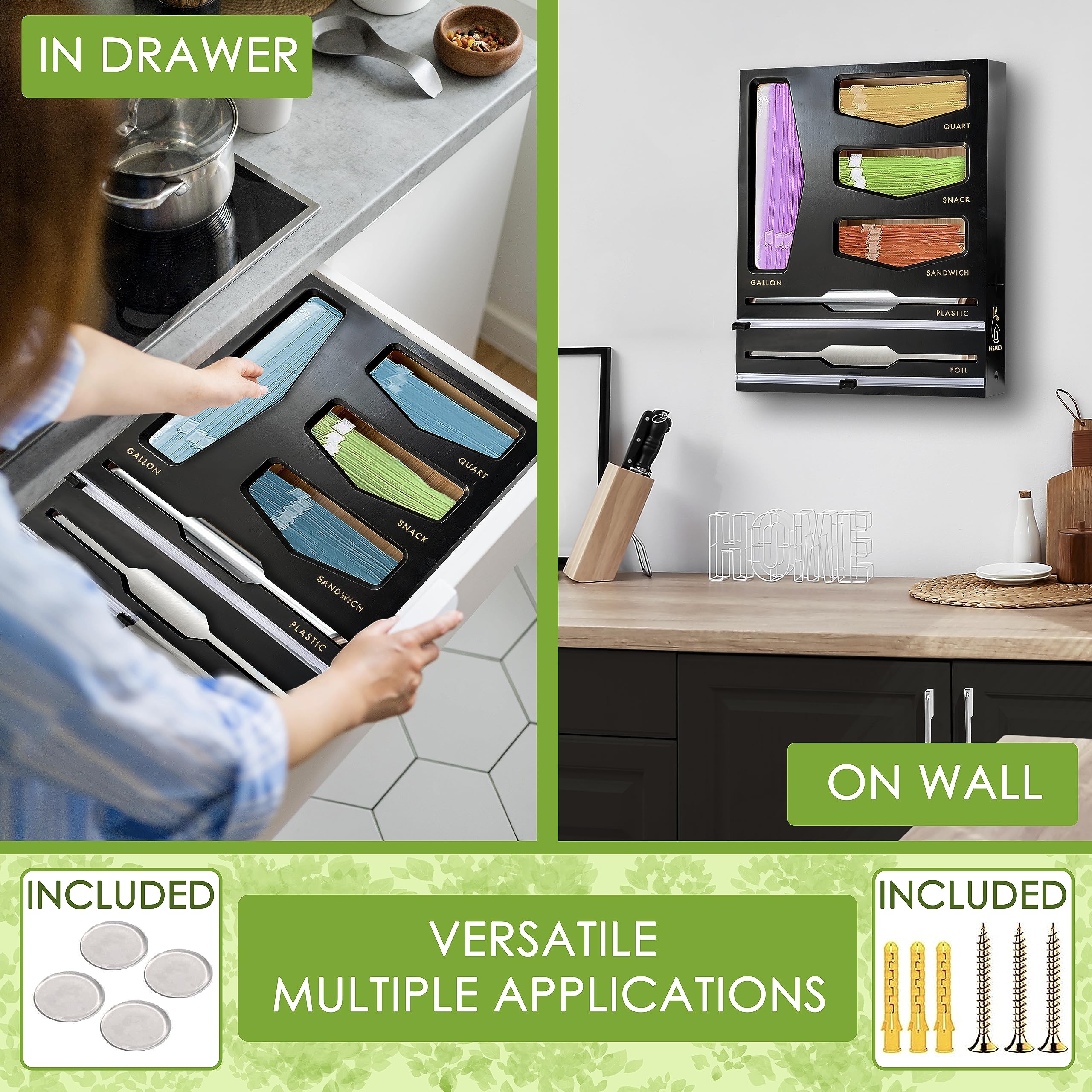 ORGANYZA Ziplock Bag Organizer and Plastic Wrap Dispenser with Cutter-100% Bamboo storage bag organizer 6 In 1 with aluminum foil dispenser, includes 4 Plastic bag dispenser, 2 kitchen wrap organizer.