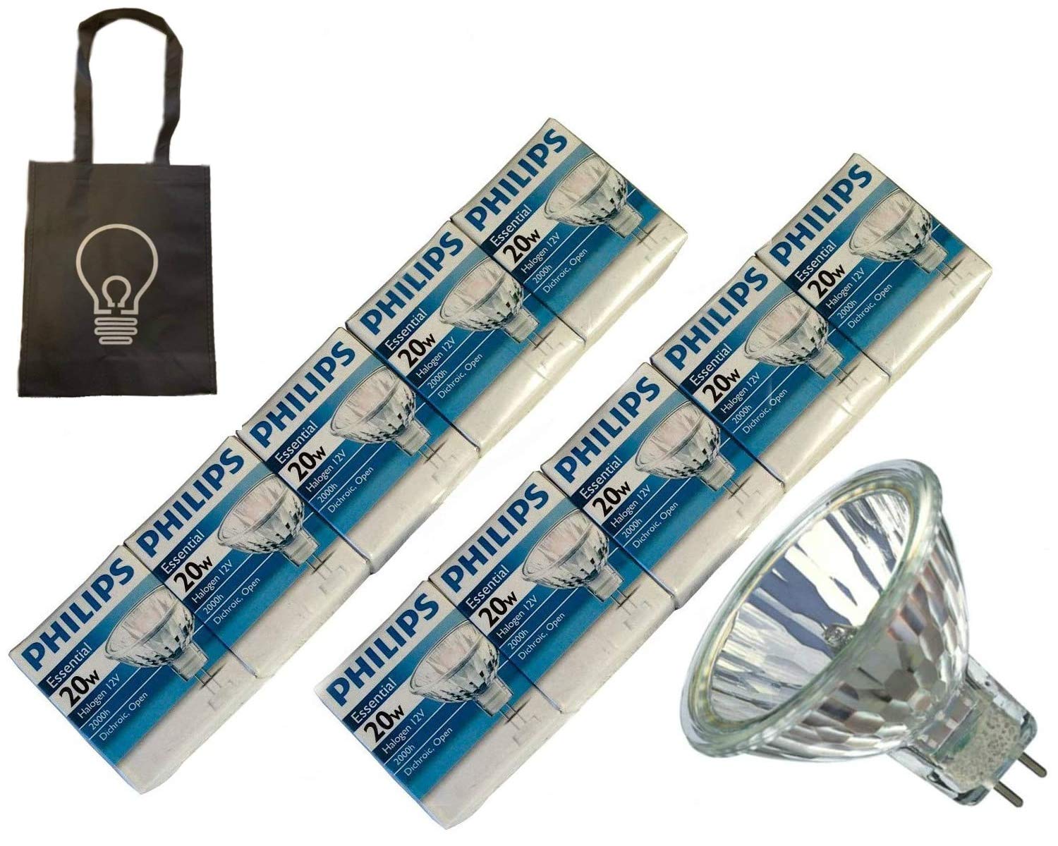 Philips Halogen Light Bulbs/Landscape Indoor or Outdoor Flood/Dimmable 20w Mr16 12v 2 Pin 36 Angle Gu5.3 Base - Pack of 10 Bundle with Storage Bag