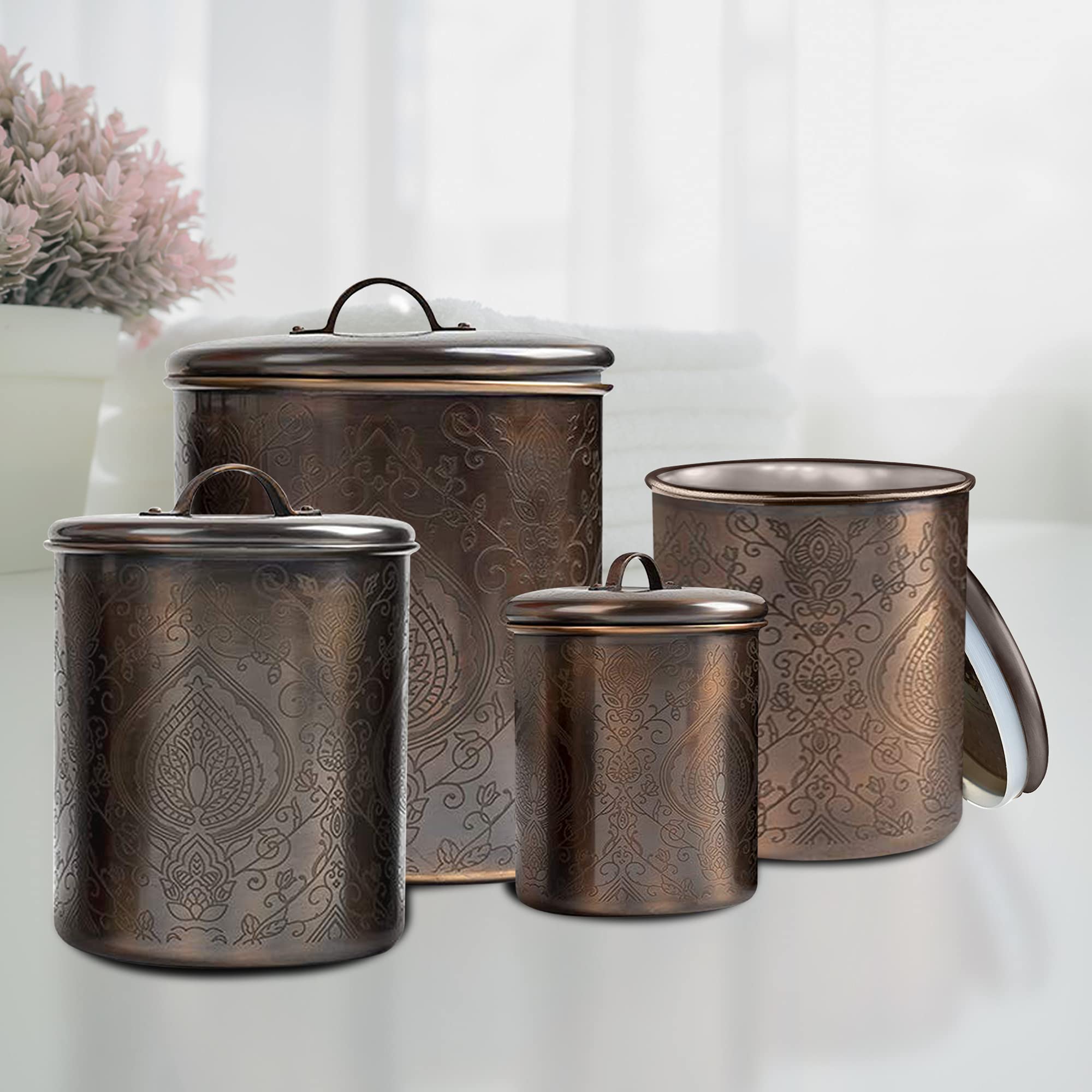 nu steel (Set of 4 Antique Etched Kitchen Organization Canisters Set- Copper & Stainless Steel