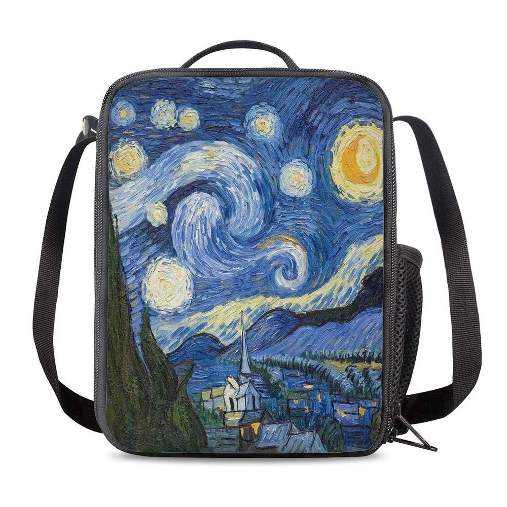 VunKo Starry Night Insulated Lunch Bag for School Work Office Picnic Van Gogh Tote Lunch Box Containers for Adults and Kids Compact Reusable Cooler Bag with Shoulder Strap