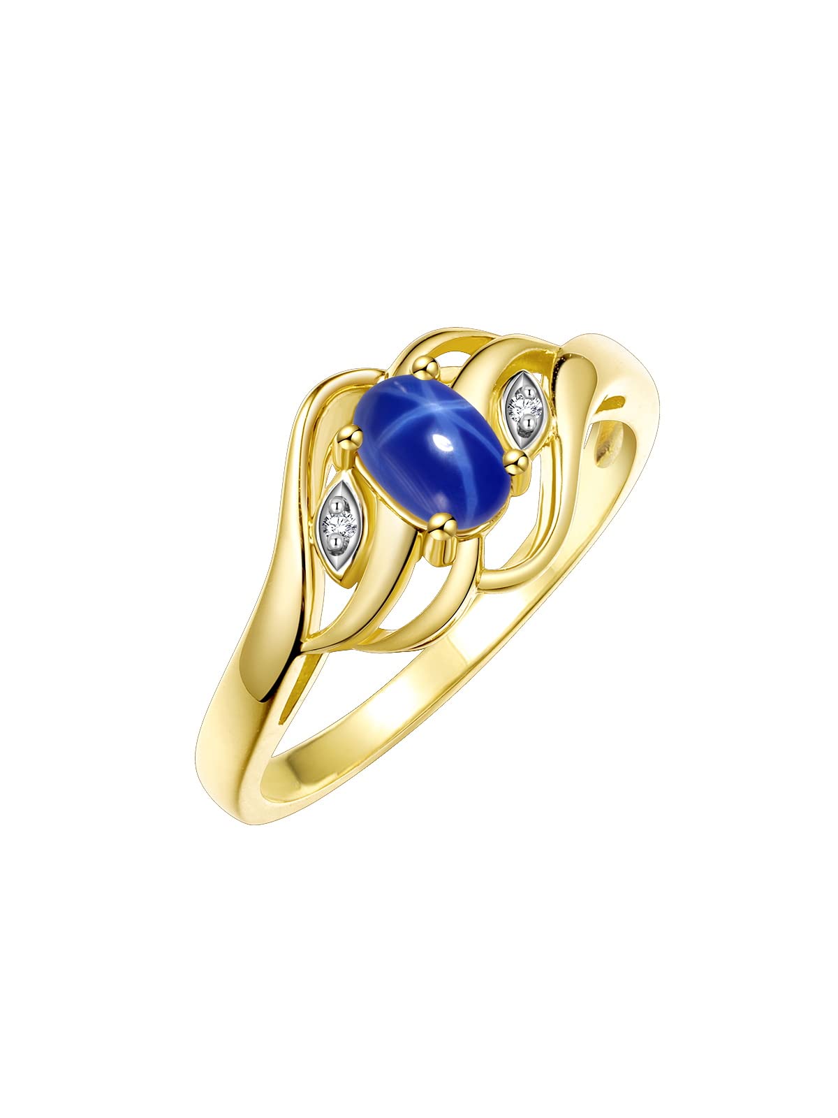 Rylos Rings for Women 14K Gold Plated Silver Ring Classic Style Birthstone Ring 6X4MM Gemstone & Diamonds Blue Star Sapphire Jewelry for Women Size 5