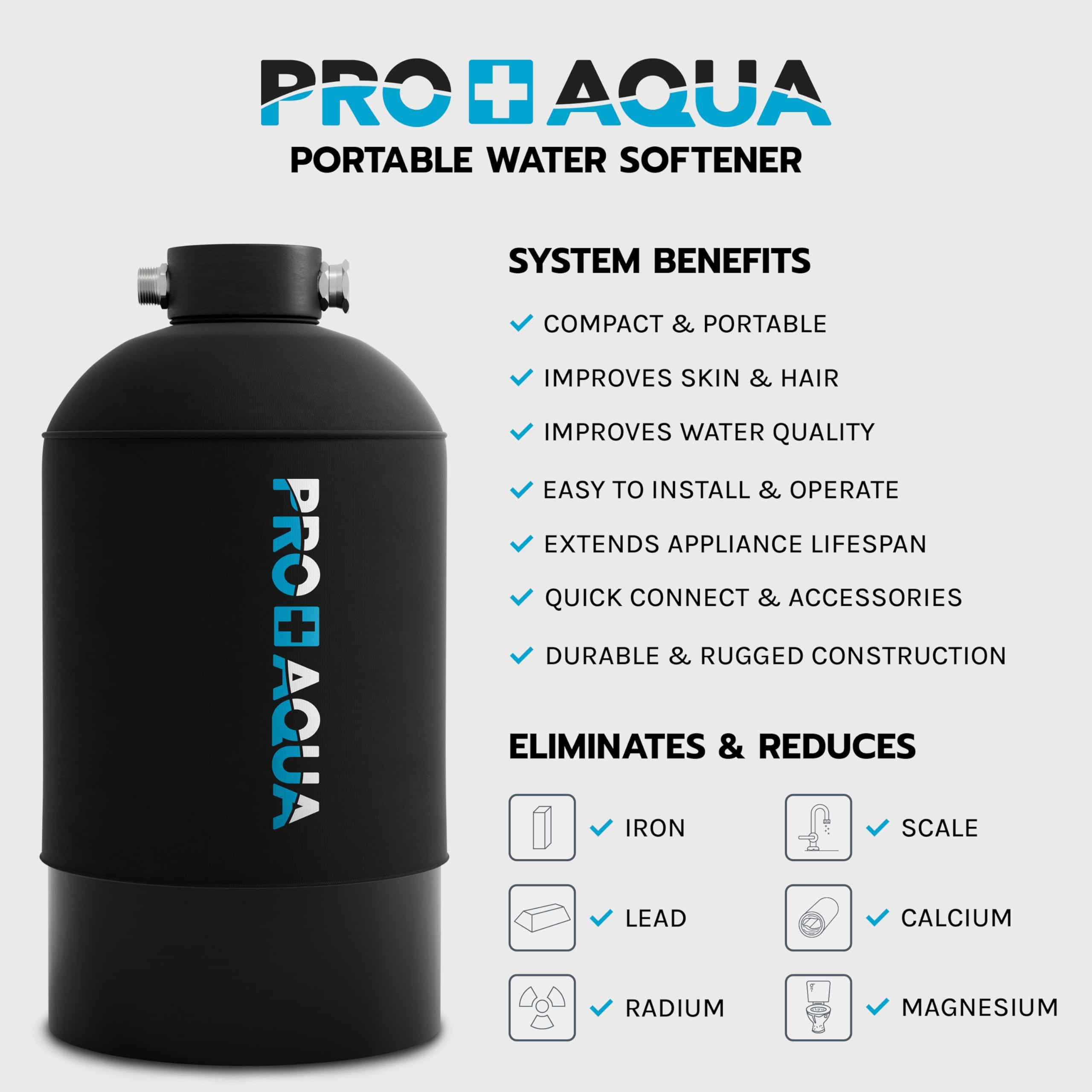 PRO+AQUA 16,000 Grain Portable Water Softener for RV, Trailers, Boats, Mobile Car Wash, Pressure Wash β Protects Water Systems from Hard Water Damage and Corrosion, with Pre-Filled High-Capacity Resin