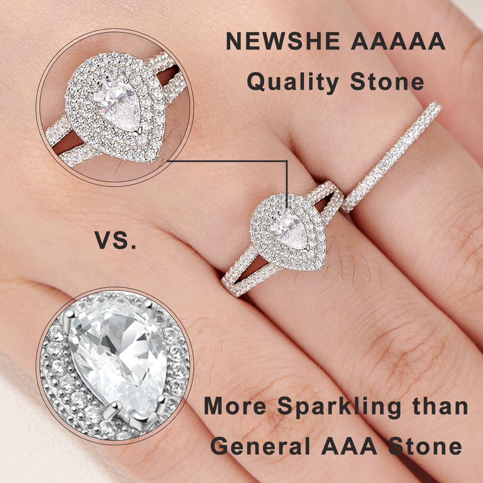 Newshe Jewellery Wedding Engagement Ring for Women Bridal Set AAAAA Cz 925 Sterling Silver 1.3Ct Pear White Size 7