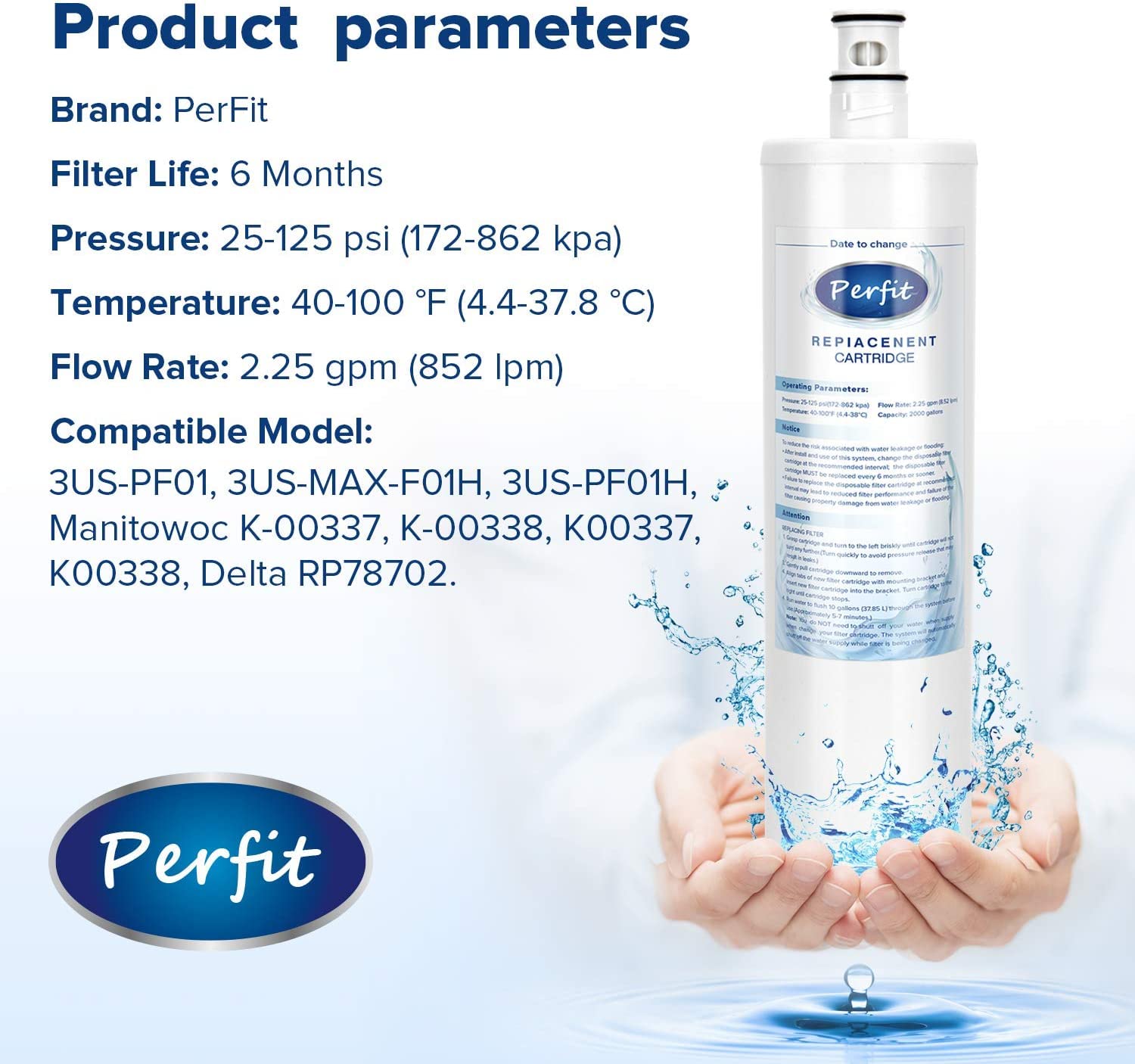 PerFit 3US-PF01 Under Sink Water Filter, Compatible with Advanced 3US-PF01, 3US-MAX-F01H, 3US-PF01H, Manitowoc K-00337, K-00338, K00337, K00338, Delta RP78702(2 Pack)