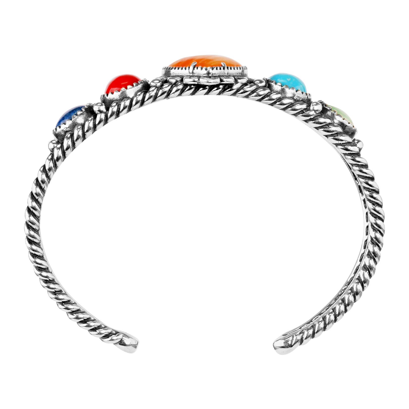 Sterling Multi-Color Gemstones and a Orange Spiny Heart 5-Stone Rope Cuff Bracelet Size L