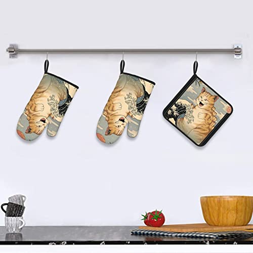 Tattoo Funny Cat Oven Mitts Pot Holders Set Non-Slip Cooking Kitchen Gloves Washable Heat Resistant Oven Gloves for Microwave BBQ Baking Grilling