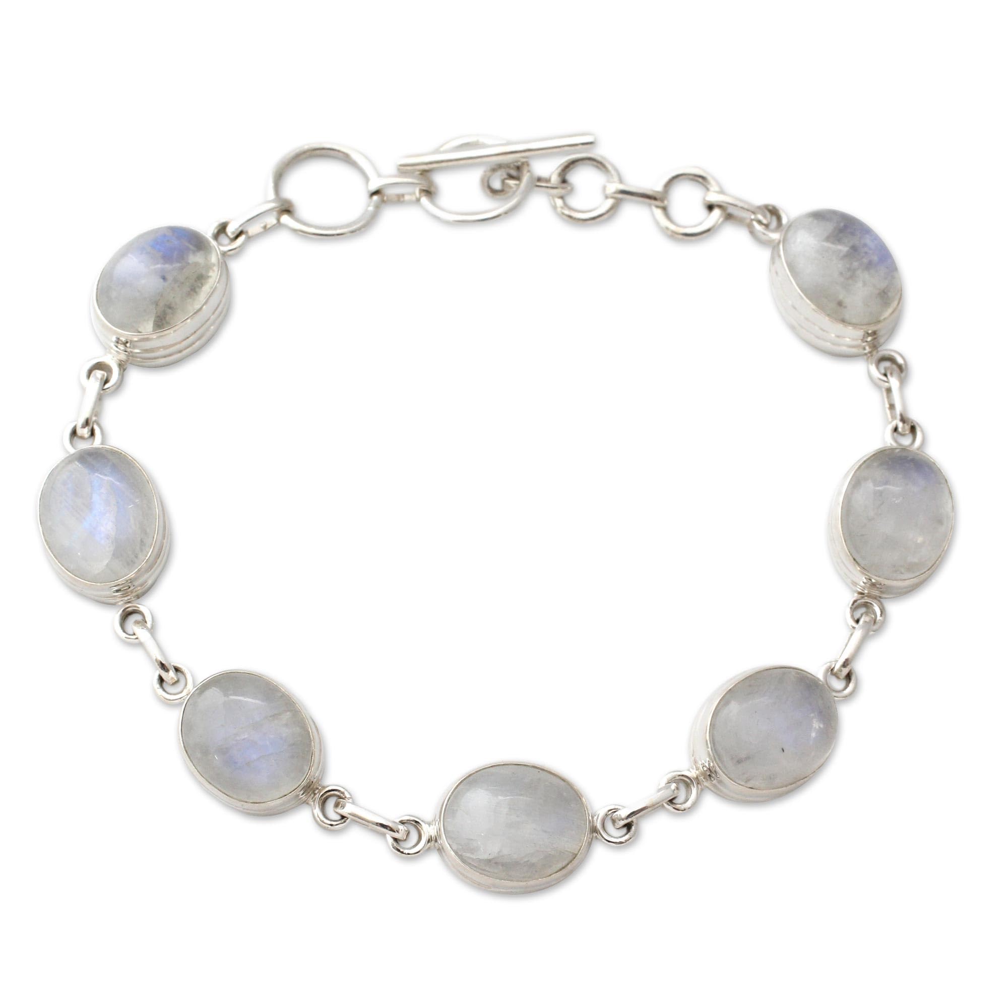 NOVICA Artisan Handmade Rainbow Moonstone Link Bracelet Sterling Silver White India Birthstone [7 in min L x 7.75 in max L 8 mm W] ' Mysteries'