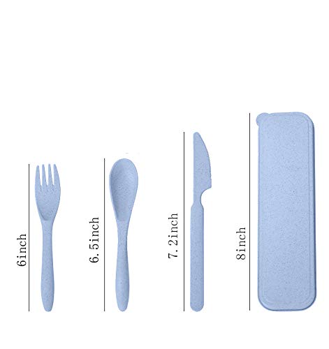 SUNNYHILL 4PCS Portable Utensils Set Straw Cutlery Set Healthy Eco-Friendly Wheat Biodegradable Chopstick Fork Knife Spoon Set for Travel Picnic Camping Students Daily Uses with Portable Case (blue)