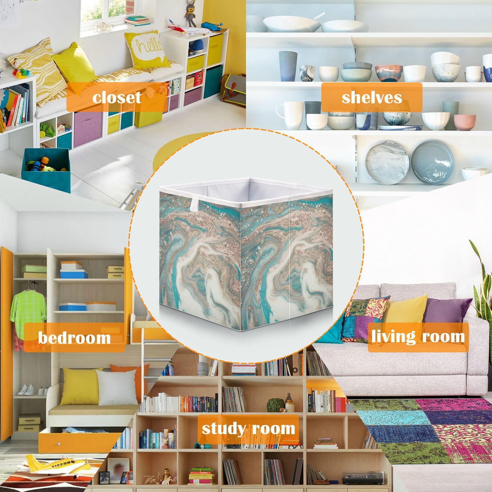QUGRL Magic Teal Marble Storage Bins Organizer Modern Trendy Foldable Clothes Storage Basket Box for Shelves Closet Cabinet Office Dorm Bedroom 15.75 x 10.63 x 6.96 in