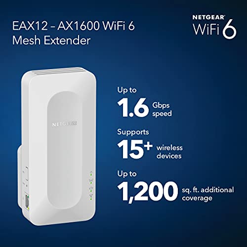 NETGEAR WiFi 6 Mesh Range Extender (EAX12) - Add up to 1,200 sq. ft. and 15+ Devices with AX1600 Dual-Band Wireless Signal Booster & Repeater (up to 1.6Gbps Speed), WPA3 Security, Smart Roaming