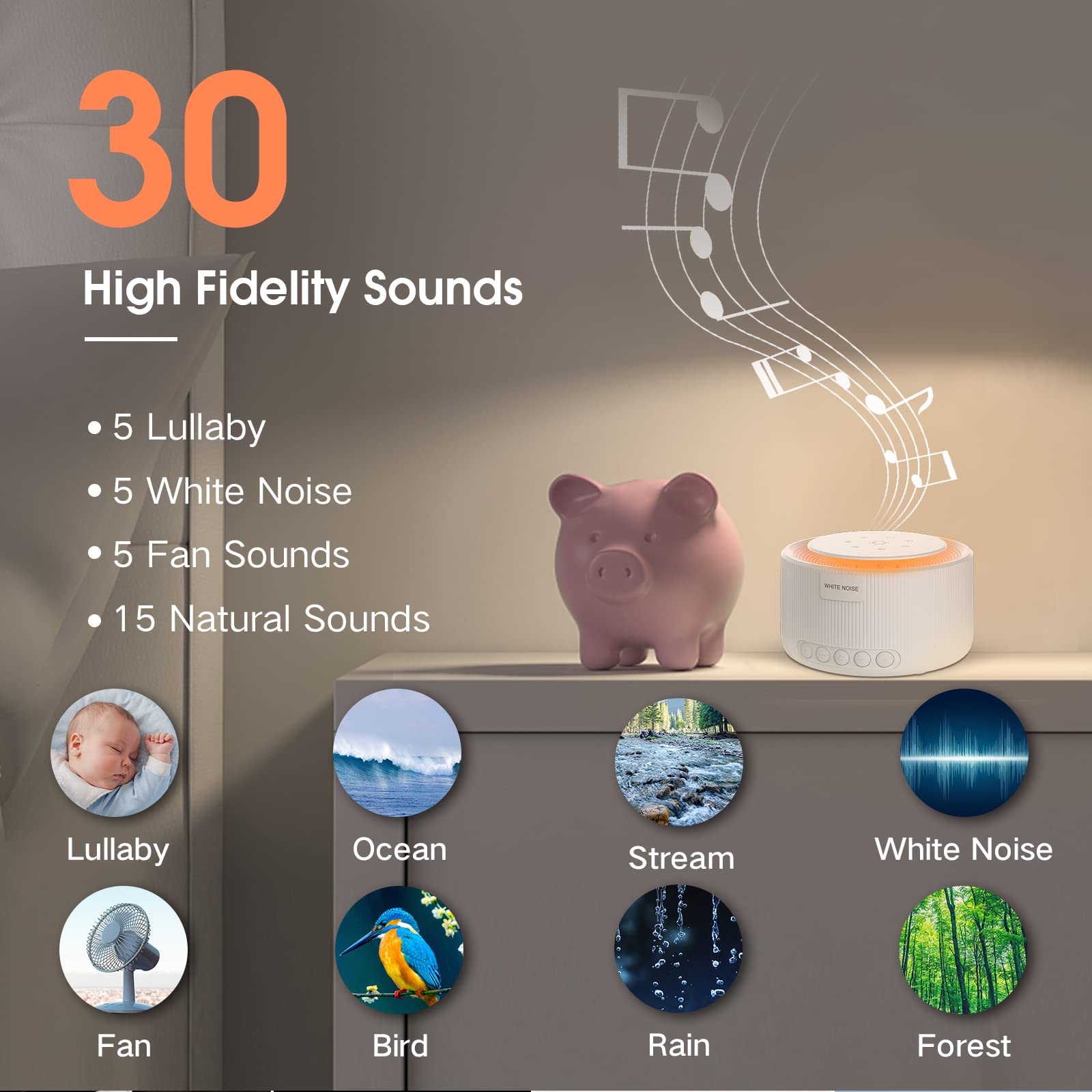 White Noise Machine, UMZRUVH Sound Machine with 30 High-fidelity Non-looping Sounds 36-Level Volume, Noise Machine with Memory Function and Timer, Touch Night Light Sound Machine for Adults Baby Elder