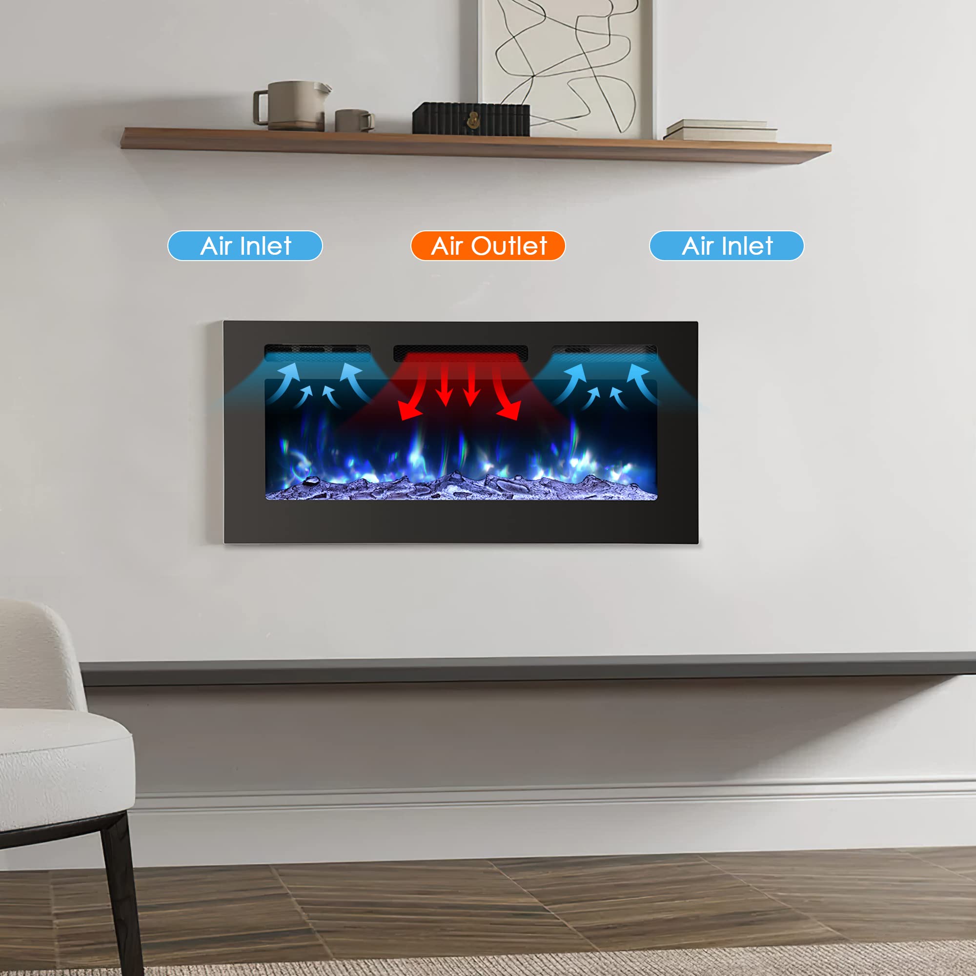 PAOLFOX 36 inch Electric Fireplace Insert,Wall Mounted,Wall Fireplace Electric with Remote Control,Linear Fireplace,Led Fireplace Recessed,12 Flame Colors