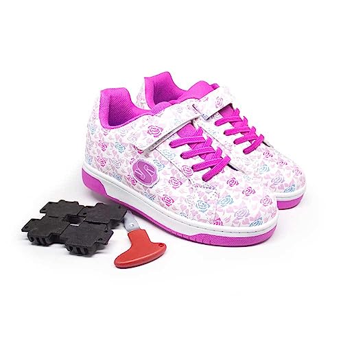 Proskate K-Speed 2 Wheels Skate Sneakers (White, Fuschia, Roses, us_Footwear_Size_System, Little_Kid, Numeric, Medium, Numeric_1)