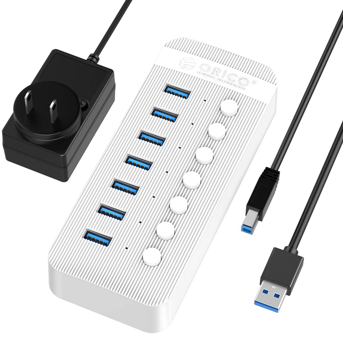 ORICO Powered USB Hub 3.0, 7 Ports USB Charger Hub Splitter with 12V/2A AC Adapter, Individual On/Off Switches for Desktop Computer, PC, iMac, Mobile HDD, Flash Drive