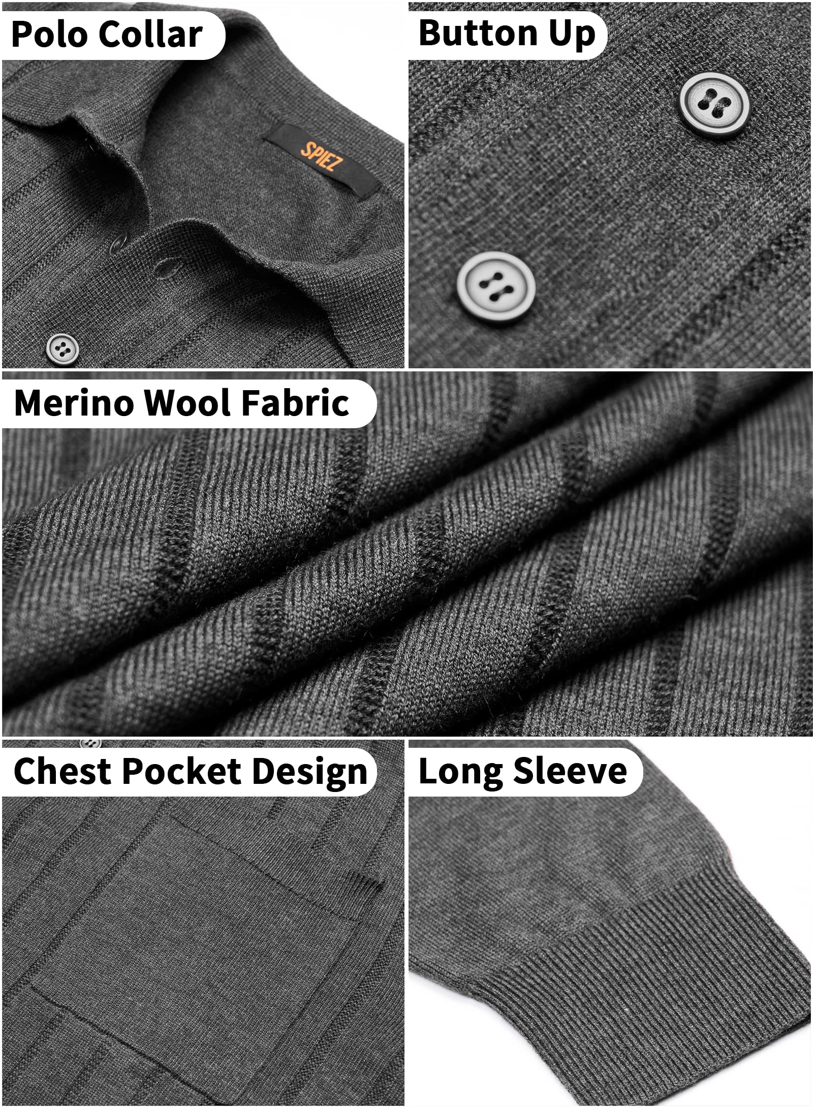 SPIEZ Merino Wool Mens Polo Shirts Collar Pullover Knitted Sweater for Men Vintage Long Sleeve Bowling Shirt Comfortable Fit Dark Grey Large
