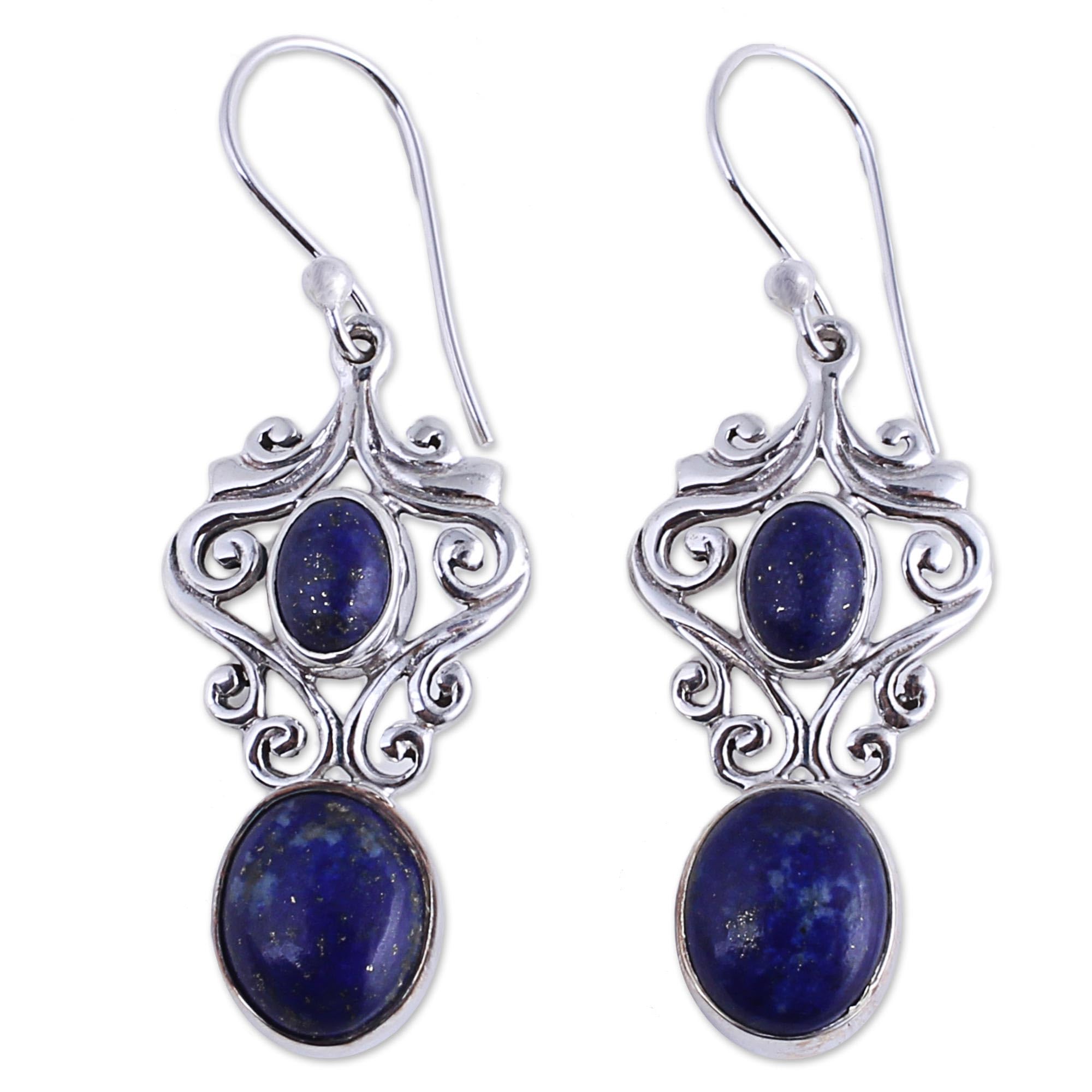 NOVICA Artisan Handcrafted Lapis Lazuli Dangle Earrings Sterling Silver Tone India Birthstone [1.8 in L x 0.6 in W x 0.3 in D] ' Whimsical Tendrils'