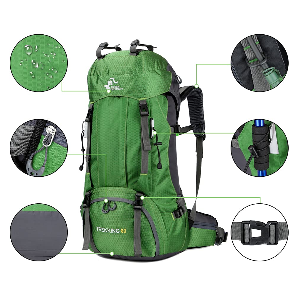 Russel Molly Hiking Backpack With Rain Cover, 60L Camping Daypack for Travel (Green)