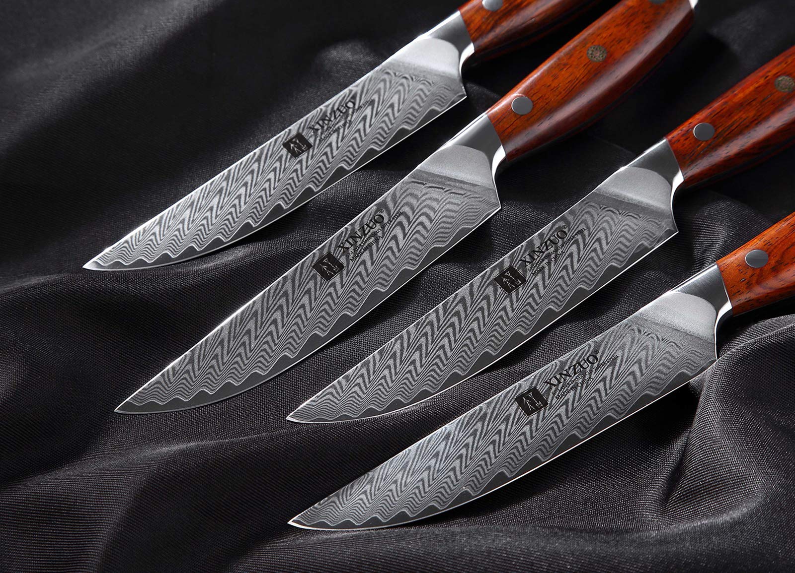 XINZUO Damascus Steel 4Pcs Steak Knife Set, 5 Inch Premium Dinner Knife Set Sharp Kitchen Table Knives -Straight Edge Blade -Triple Rivet -with Gift Box -Ergonomic Rosewood Handle-Yi Series
