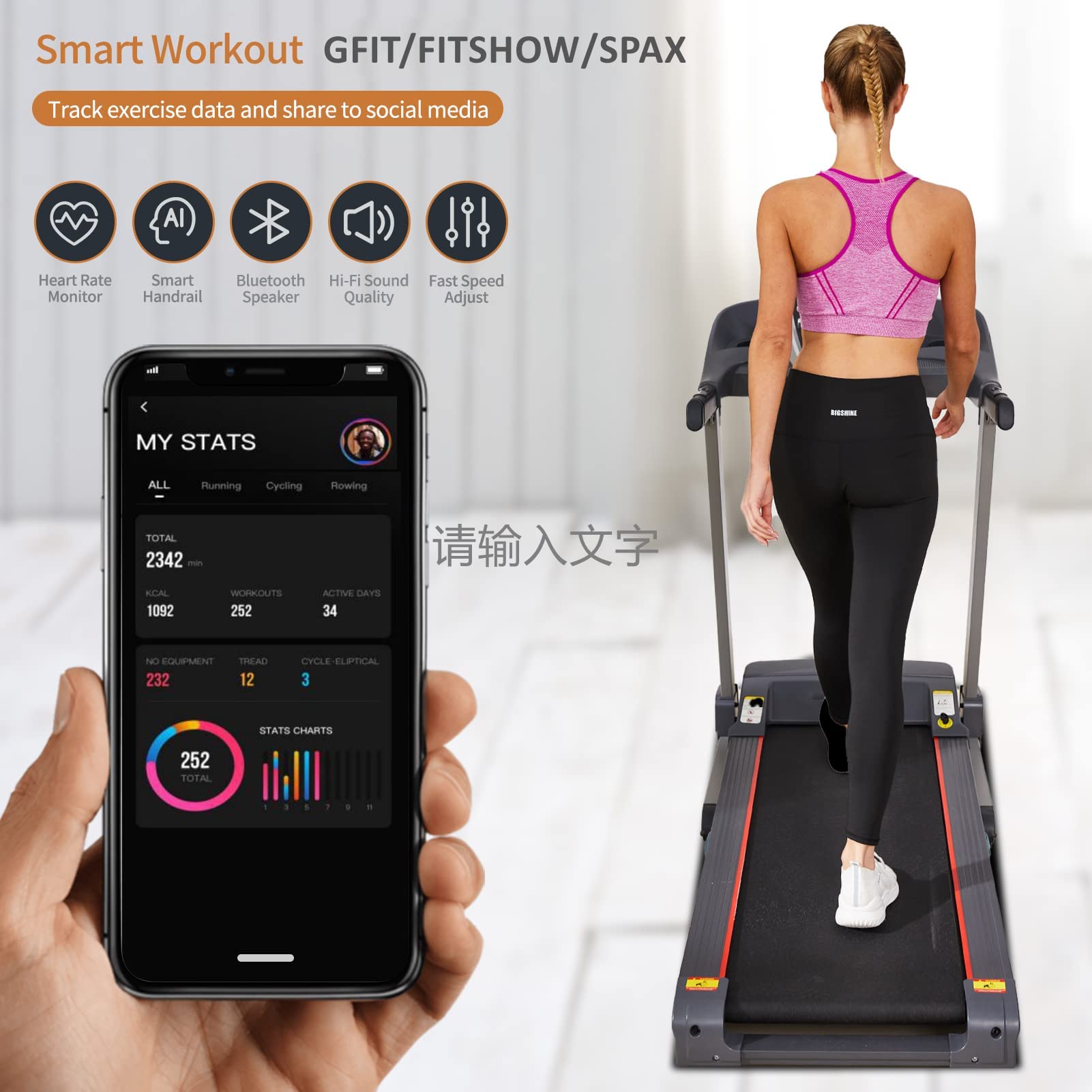Treadmill 300 lbs with Auto/Manual Incline for Home, 3.25 HP Folding Treadmill with APP, 9 MPH Running Machine for Home/Gym with Shock Absorber, Bluetooth Speaker/LCD/Pulse Monitor, 12 Programs (Gray)