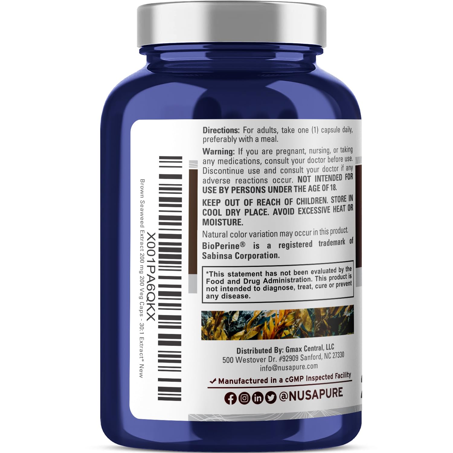 NusaPure Brown Seaweed Extract 6,000 mg - 200 Veggie Capsules - Fucoxanthin (Vegan, Bioperine, Non-GMO, Vegan)