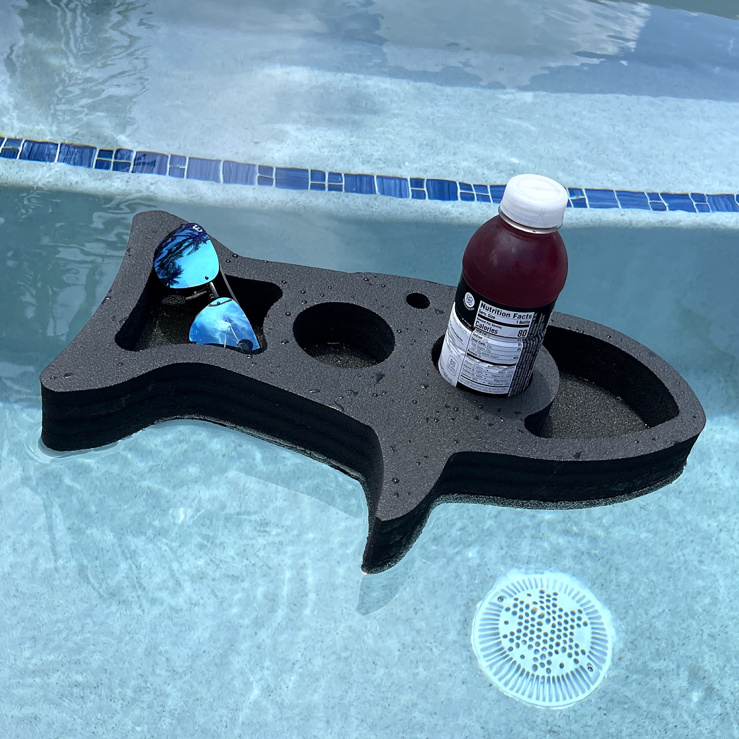 Polar Whale Floating Shark Shaped Spa Hot Tub Bar Drink and Snack Table Blue Refreshment Tray for Pool or Beach Party Float Food Lounge Durable Black Foam