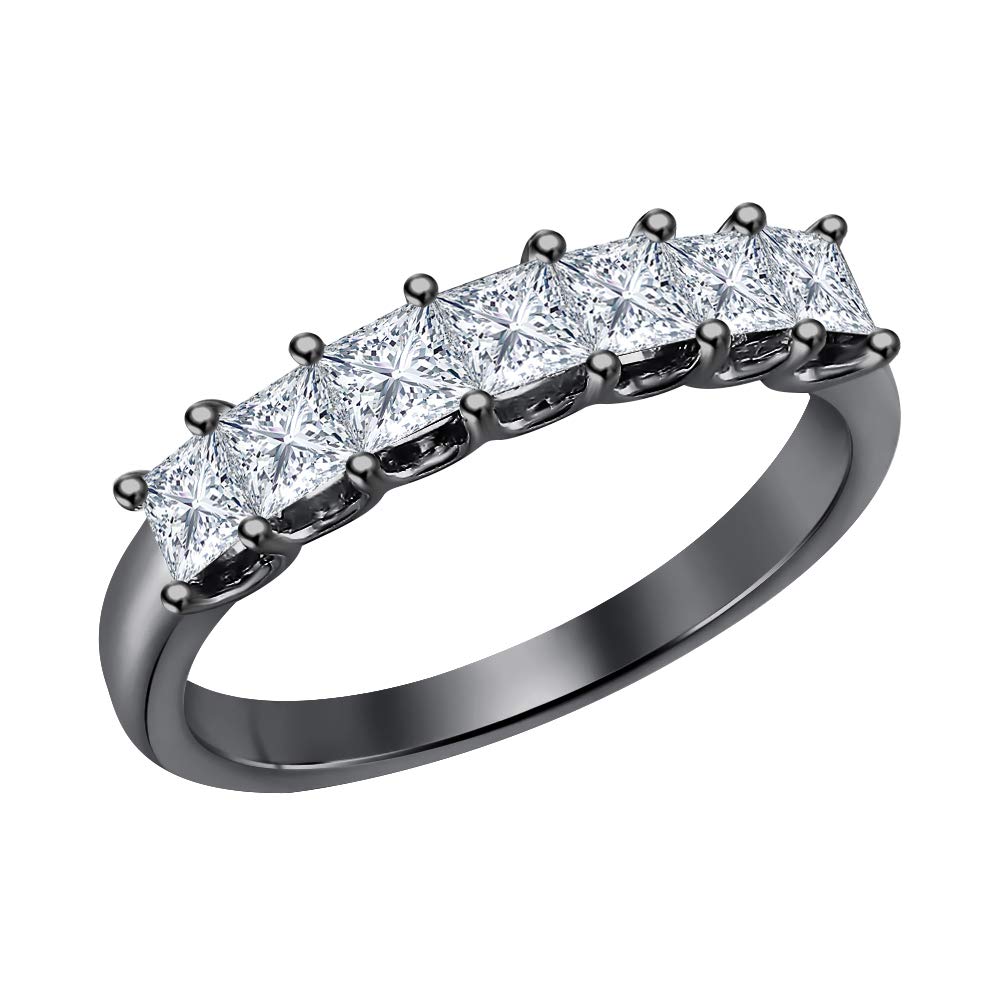 tusakha 1.50ctw Princess Cut White CZ Diamond Seven Stone Half Eternity 14k Black Gold Plated Wedding Band Ring For Womens.