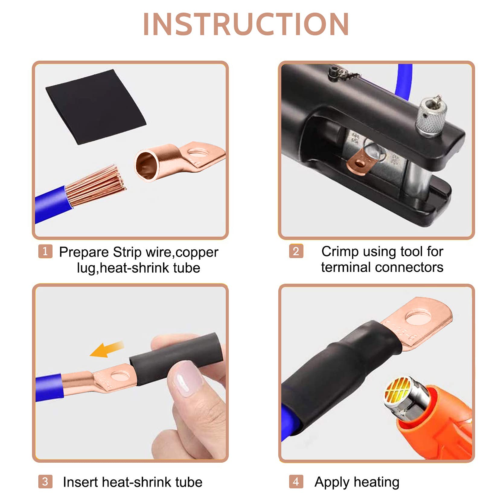 Tsinglax 200Pcs Copper Wire Lugs [AWG2 4 6 8 10 12] with Heat Shrink Set, 100Pcs Battery Cable Lugs Battery Cable Ends Ring Terminals Connectors with 100Pcs Heat Shrink Tubing Assortment Kit