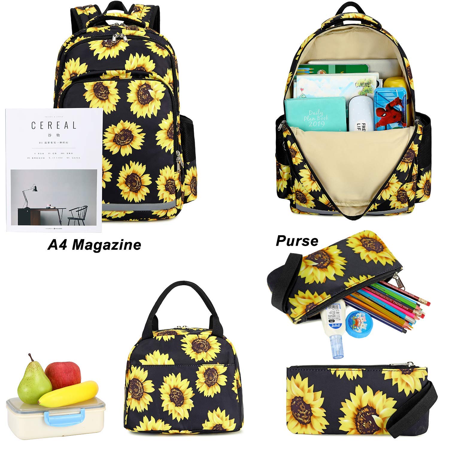 Sunflower Backpack Girls Floral School Bookbag Cute 3 in 1 Backpack Set with Insulated Lunch Box and Pencil Case (Sunflower 3 Pieces - Black)