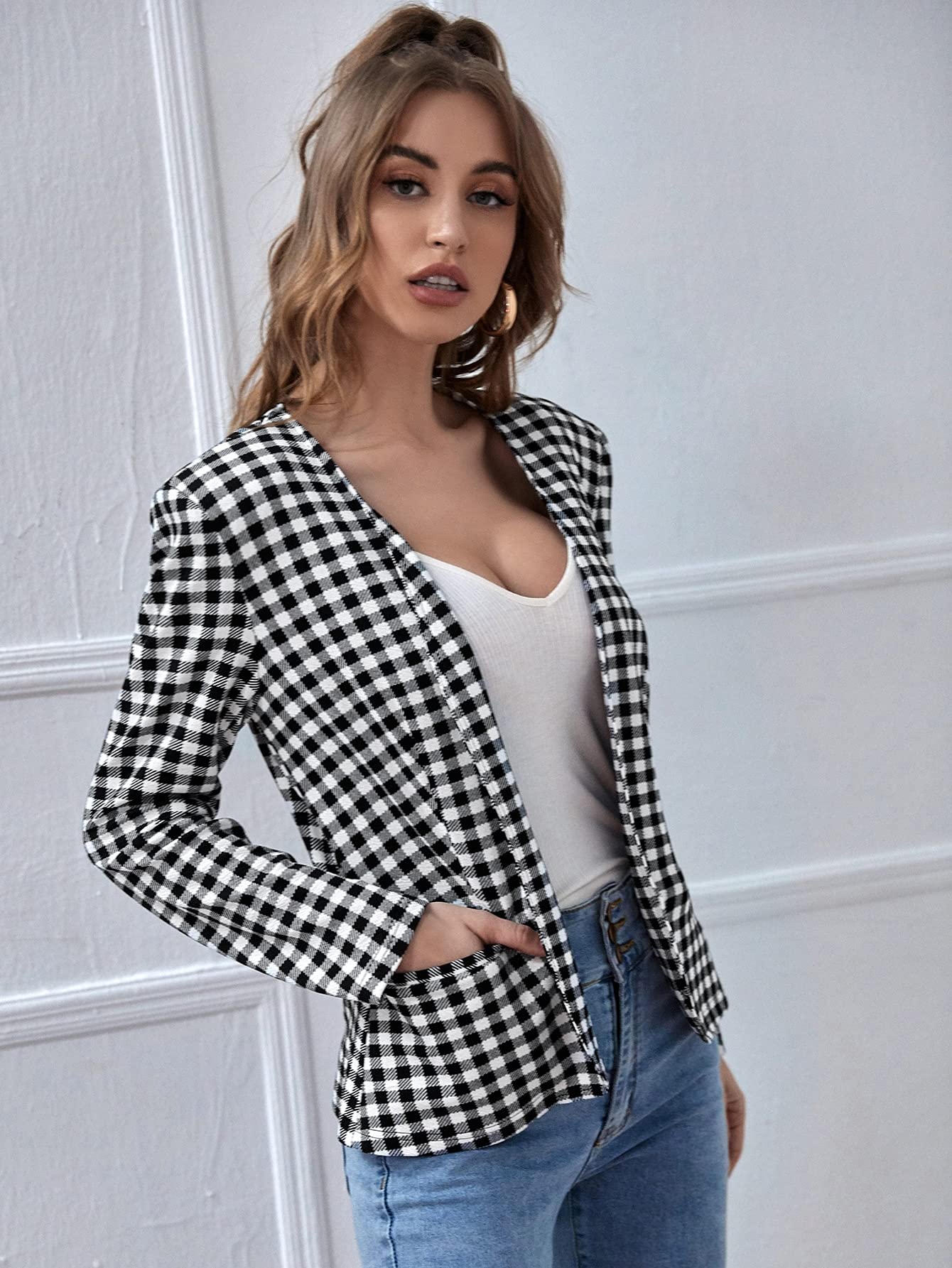 Milumia Women Work Casual Blazer with Pockets Open Front Office Suit Jacket Black and White Large