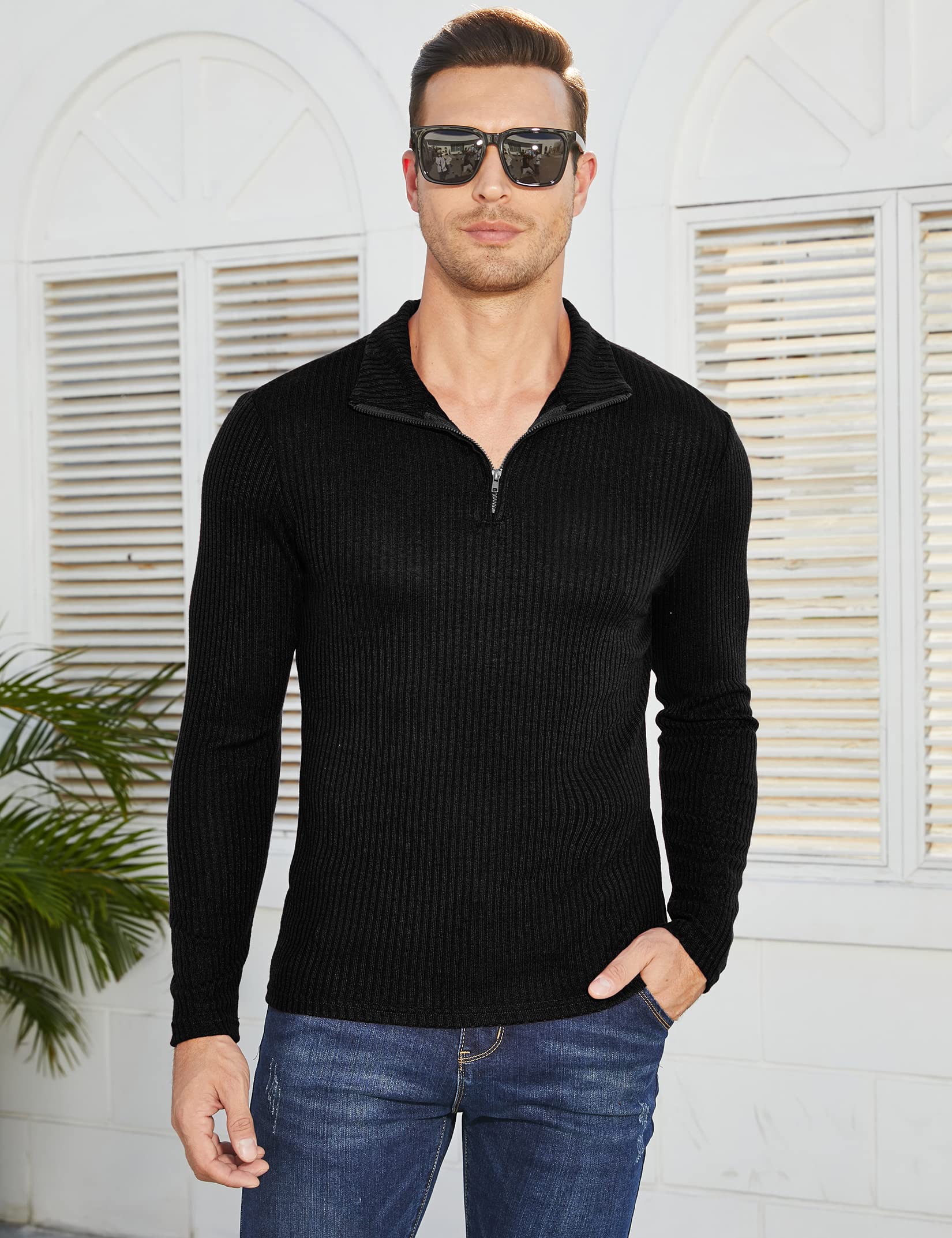 TURETRENDY Men's Quarter Zip Up Pullover Casual Stretch Lightweight Mock Neck Polo Sweaters Knitwear Green XL