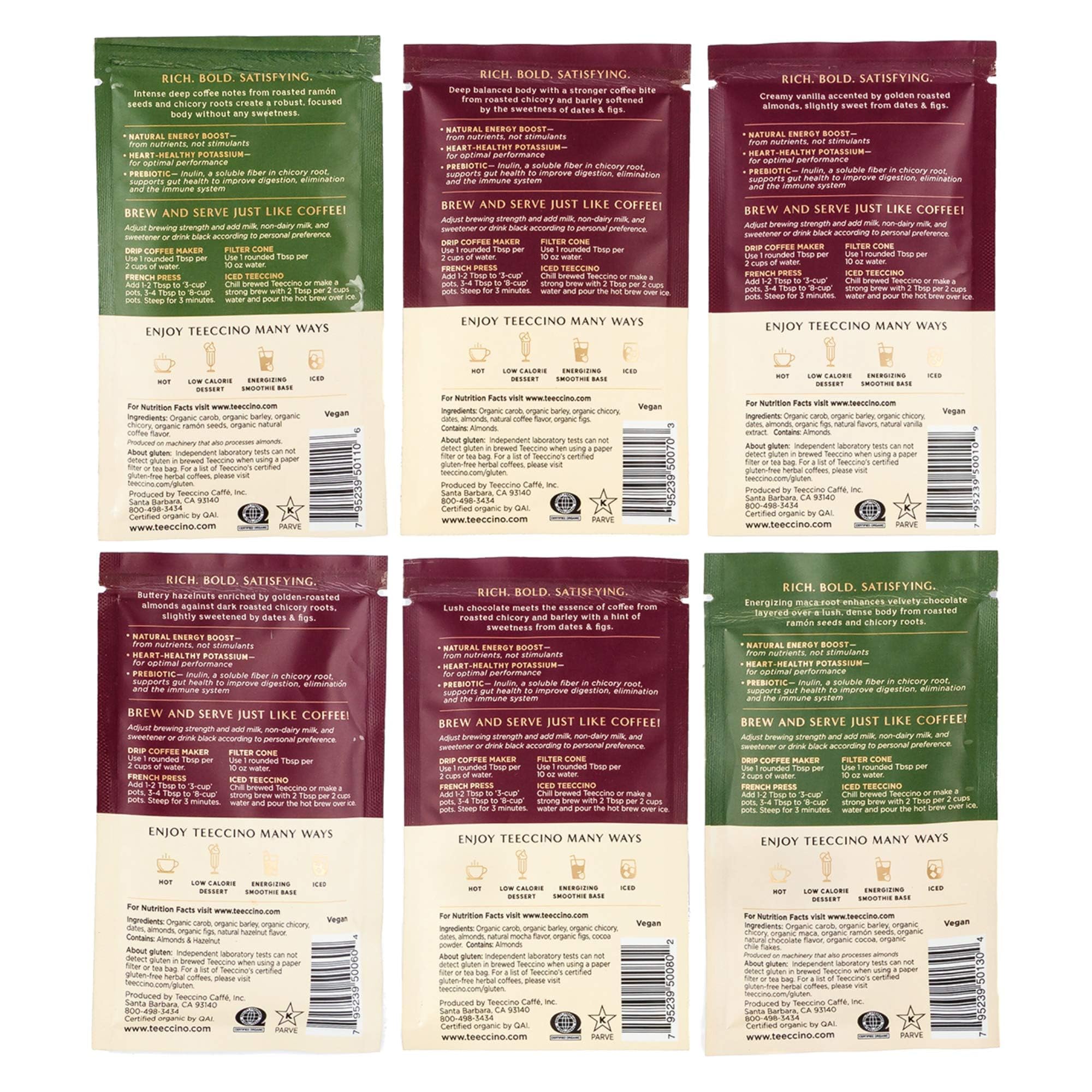 Teeccino Herbal Coffee Sampler - 6 x 30g Trial Size Chicory Coffee Alternatives - French Roast, Vanilla Nut, Hazelnut, Mocha, Maca Chocolate, Java β Prebiotic, Caffeine Free & Acid Free