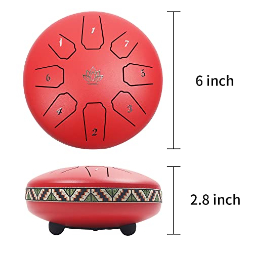 Yamaer Steel Tongue Drum 8 Notes 6 Inches Steel Hand Drum C-Key with Bag, Music Score, Drumsticks. (red)