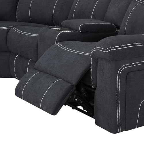 Modern Power Motion Sectional Reclining Sofa Set,Symmetrical L-Shaped Recliner Sofá Upholstered 5-Seat Corner Couch with 2 Center Consoles and 4 Cup Holders for Living Room/Villa/Theater Seating