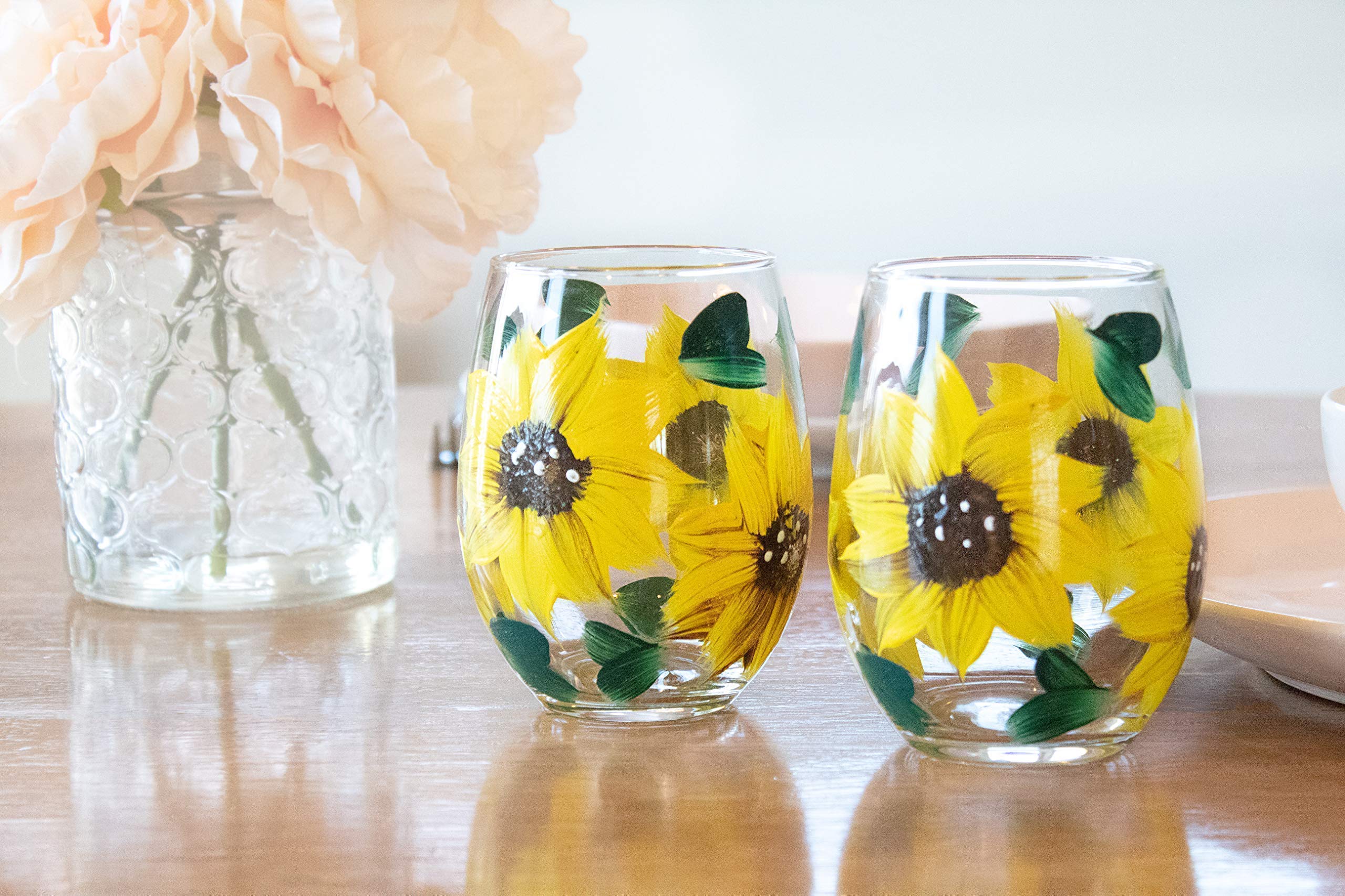 Sunflower Gift Idea | Sunflower Wine Glasses Set Of 4 | Hand Painted Stemless Wine Glasses, Sunflower Wedding Favors