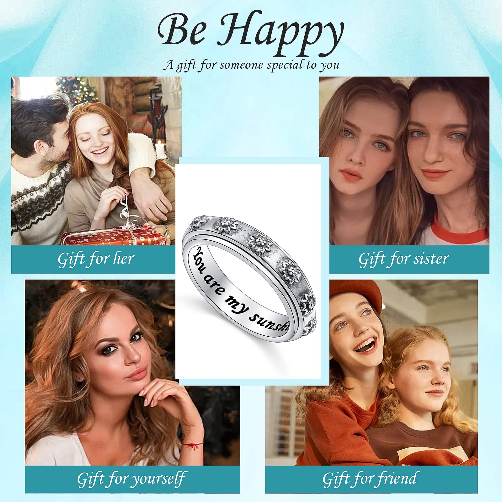 Spinner Ring Fidget Ring for Anxiety Sunflower Sterling Silver Stress Relieving ADHD Rings Women/Daughter Jewelry Gift Size 9