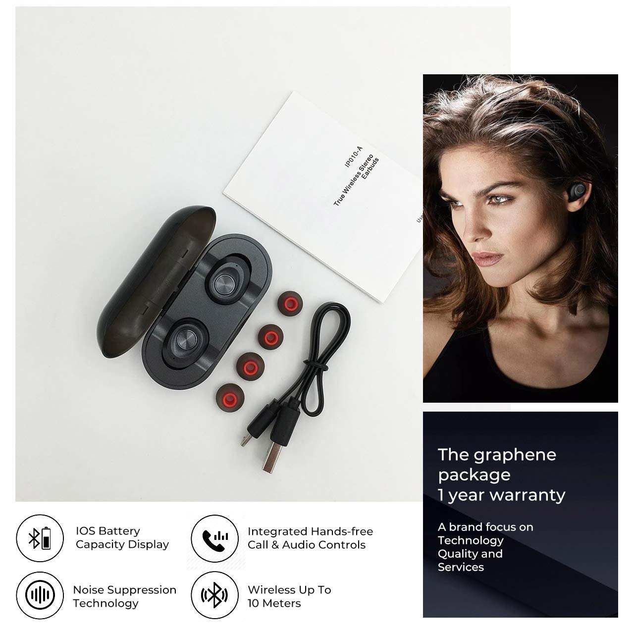 Wireless Earbuds Bluetooth Headphones, Touch Wireless Headsets with Noise Cancelling Microphone for Binaural Calls, Stereo in-Ear Sports Headsets (Including Charging Box)