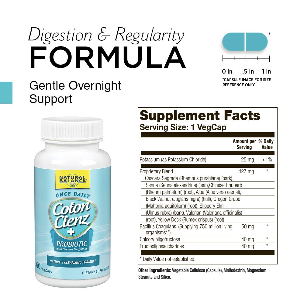 Natural Balance Colon Clenz Plus Probiotic | Cleansing & Regularity Formula w/Bacillus Coagulans & FOS | 60 CT