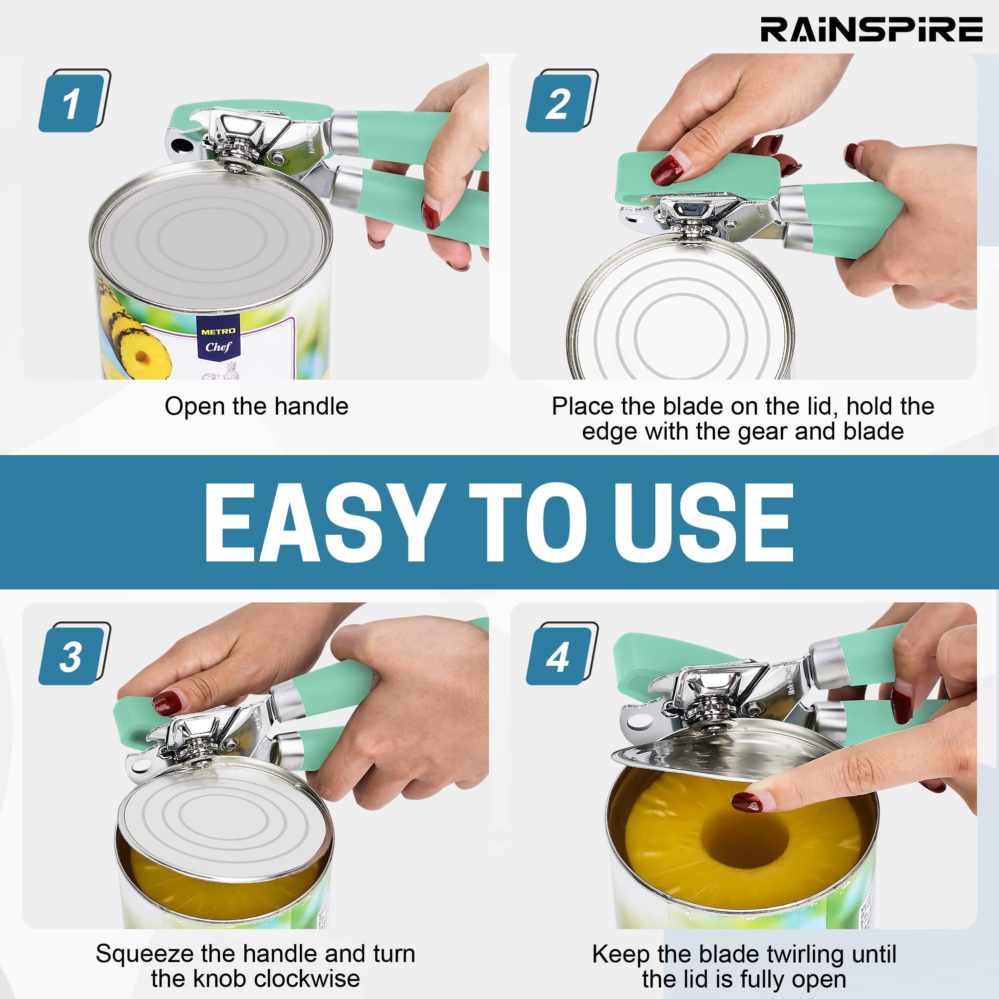 Rainspire Can Opener Manual Handheld Strong Manual Can Opener Smooth Edge Cut, Can Opener Heavy Duty, Comfortable Soft Handle, Built-in Bottle Opener, Mint Green